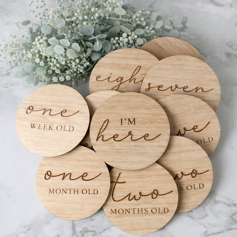 Engraved Script Wood Milestone Disc Set - Fauve + Co